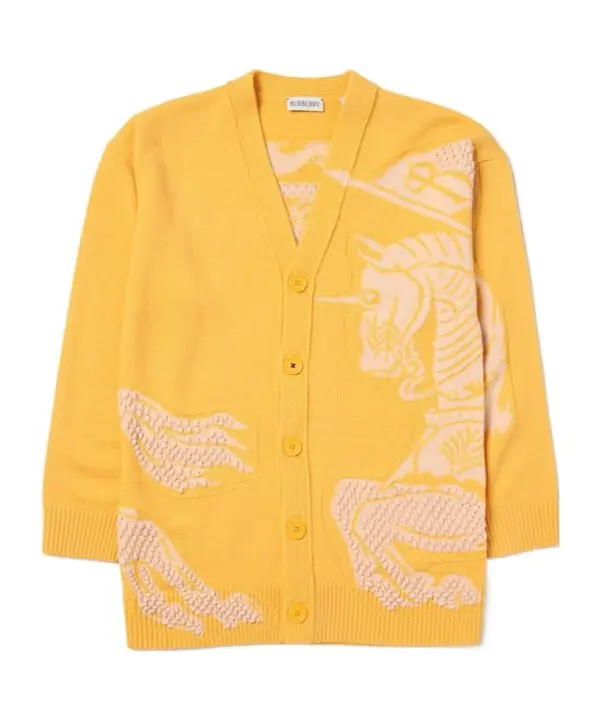 Burberry V-neck Knitted Cardigan With Equestrian Knight Pattern - Yellow