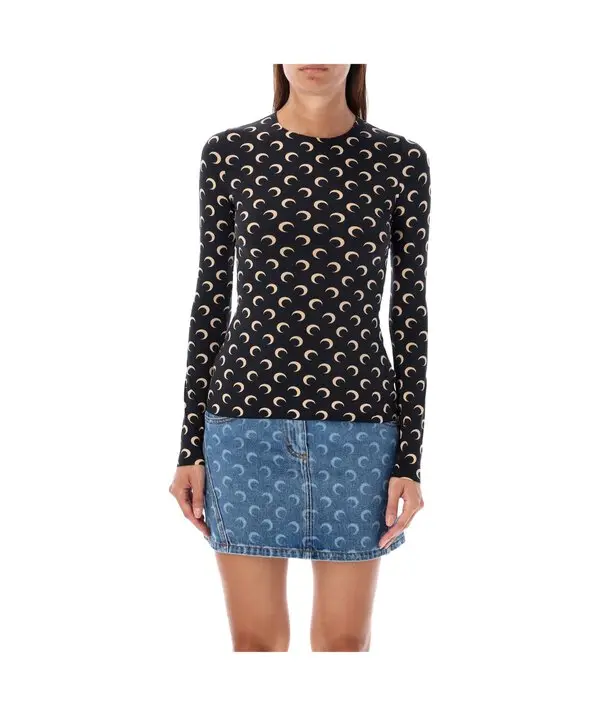 MARINE SERRE Allover Moon Print Long Sleeve Top - Black