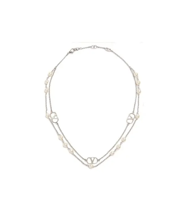 Valentino Garavani Vlogo Signature Metal Necklace With Faux Pearls - Metallic Color