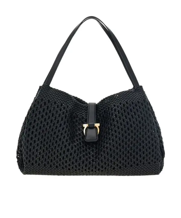 FERRAGAMO Woven Tote Bag With Gancio Buckle - Black