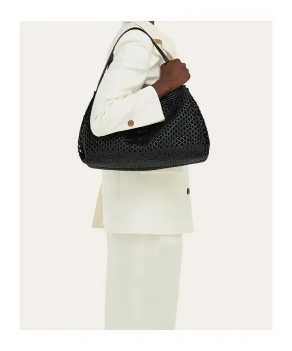 FERRAGAMO Woven Tote Bag With Gancio Buckle - Black
