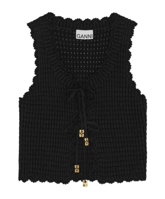 GANNI Textured Lace Knit Top With Tie Detail