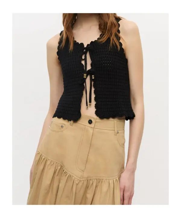 GANNI Textured Lace Knit Top With Tie Detail