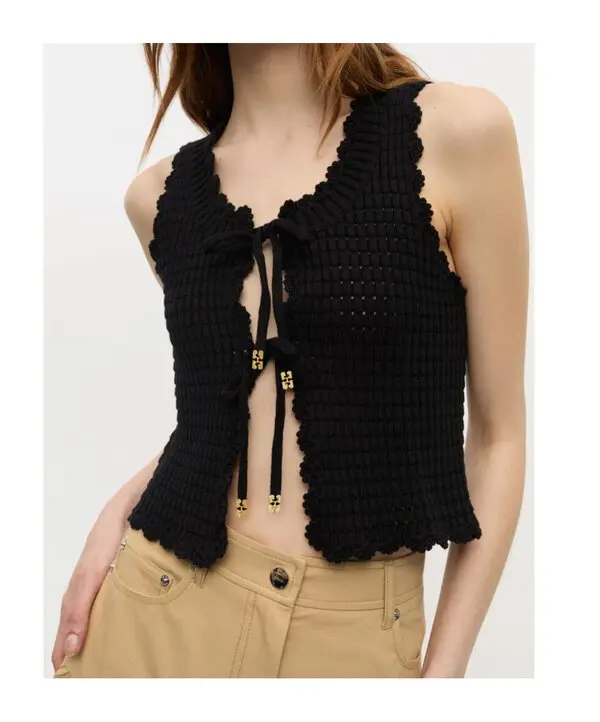 GANNI Textured Lace Knit Top With Tie Detail