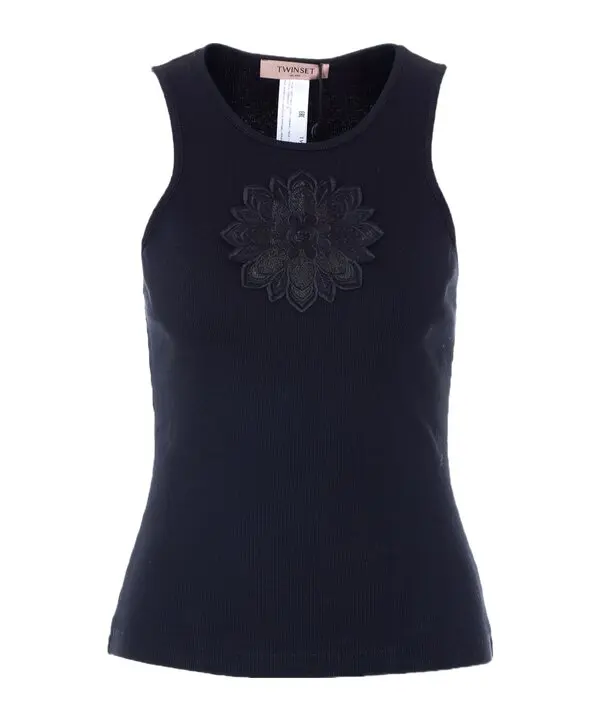 TWINSET Floral Embroidered Round Neck Tank Top - Black