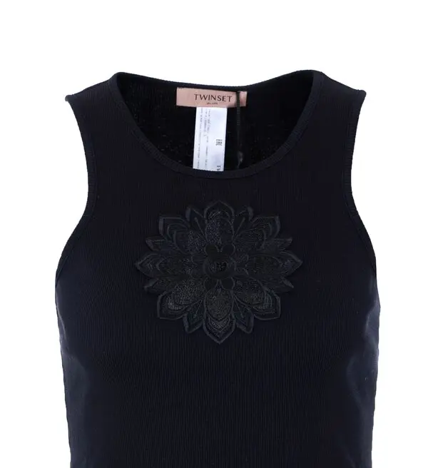 TWINSET Floral Embroidered Round Neck Tank Top - Black