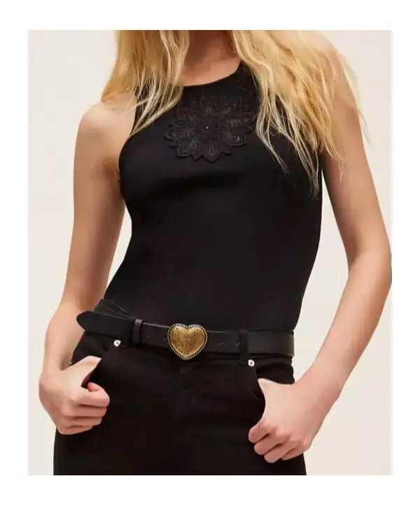 TWINSET Floral Embroidered Round Neck Tank Top - Black