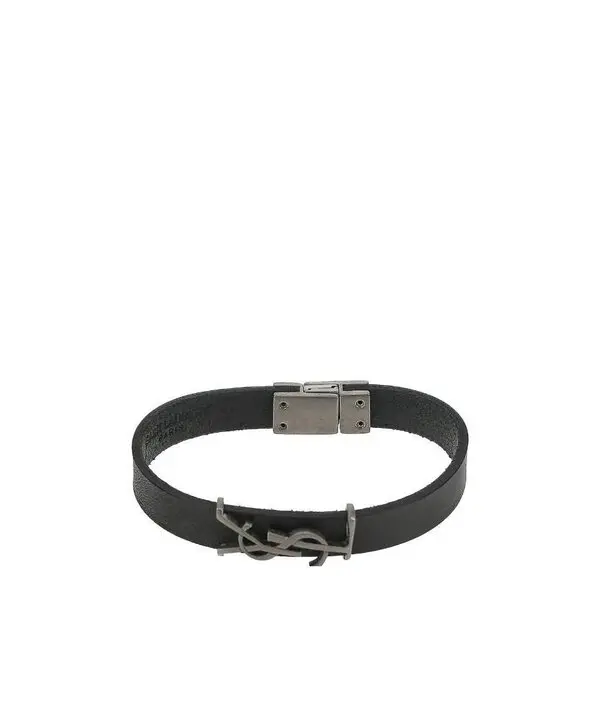 Saint Laurent Logo Plaque Leather Bracelet - Black