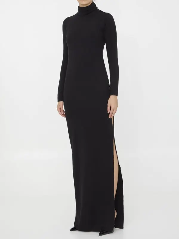 Saint Laurent Long Ribbed Knit Turtleneck Dress With Side Slits