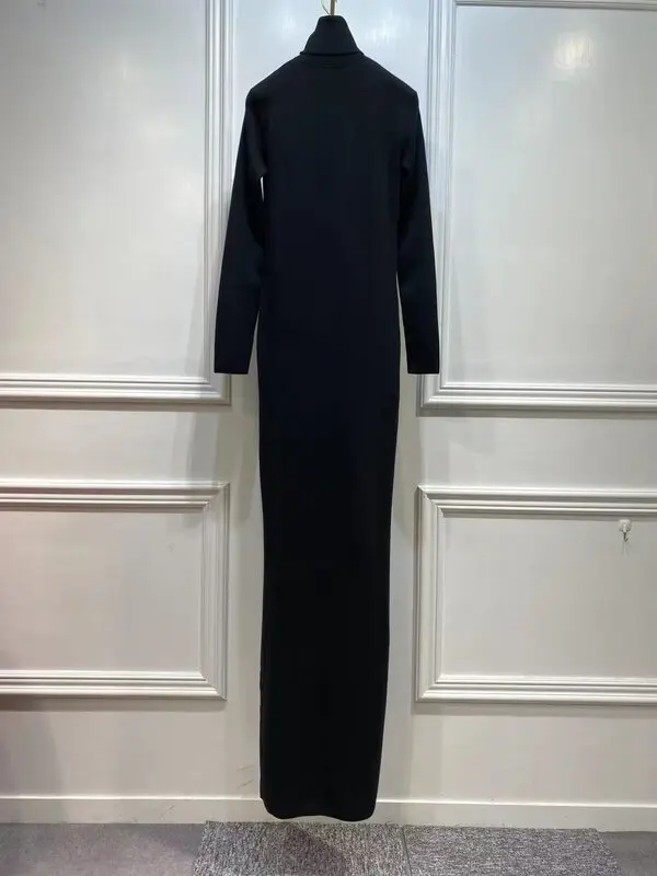 Saint Laurent Long Ribbed Knit Turtleneck Dress With Side Slits