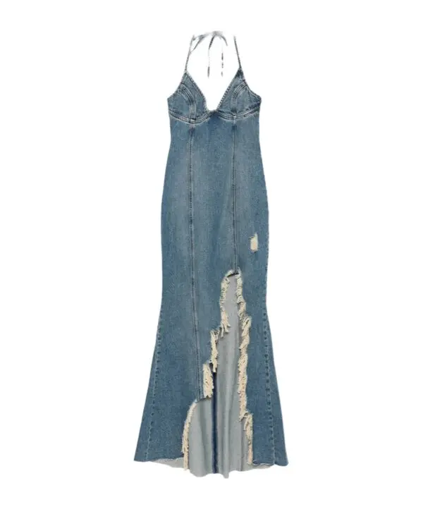 Blumarine Halterneck Frayed-hem Denim Maxi Dress
