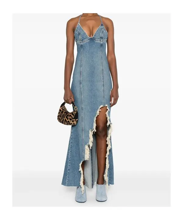 Blumarine Halterneck Frayed-hem Denim Maxi Dress