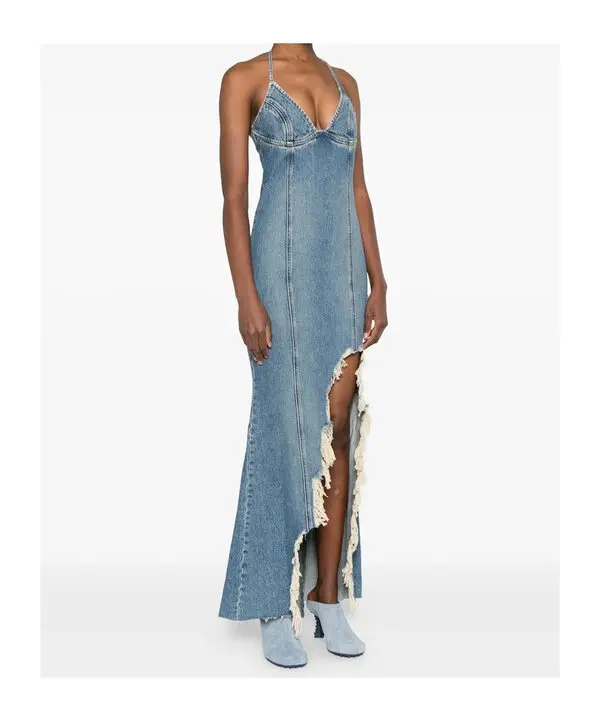 Blumarine Halterneck Frayed-hem Denim Maxi Dress