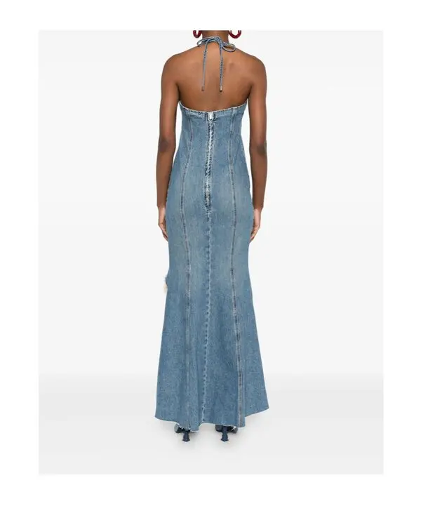 Blumarine Halterneck Frayed-hem Denim Maxi Dress