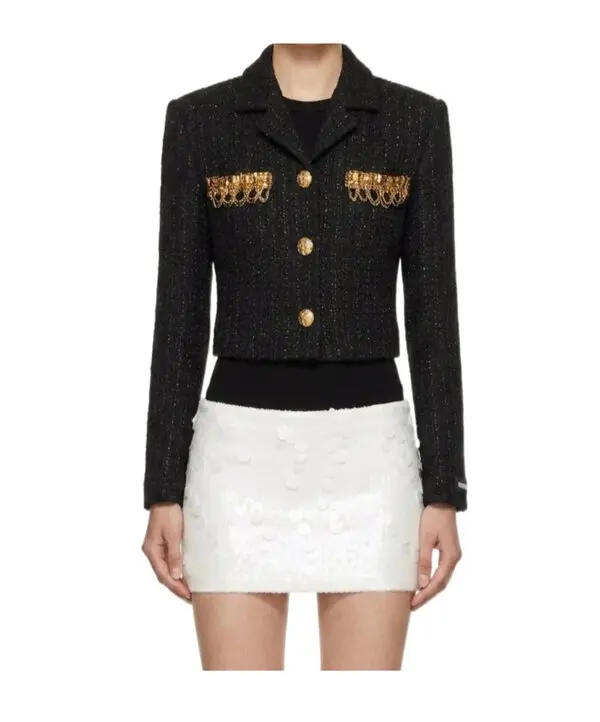 Marissa Chiara Cropped Tweed Jacket With Embellished Pockets