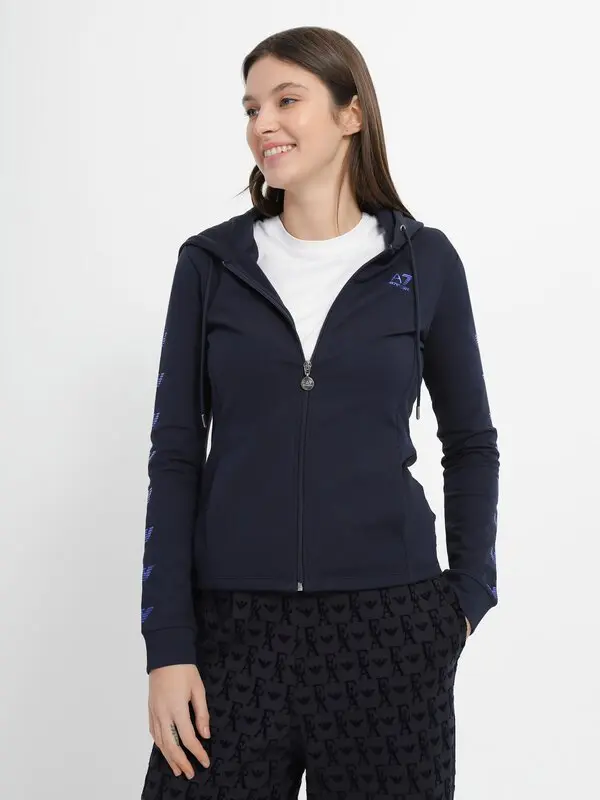 EA7 Logo Zip-up Hooded Casual Coat - Black