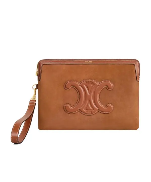 Celine Small Pouch With Strap Cuir Triomphe In Nubuck Calfskin - Camel