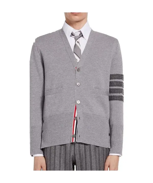Thom Browne 4-bar V-neck Shetland Wool Cardigan - Medium Gray