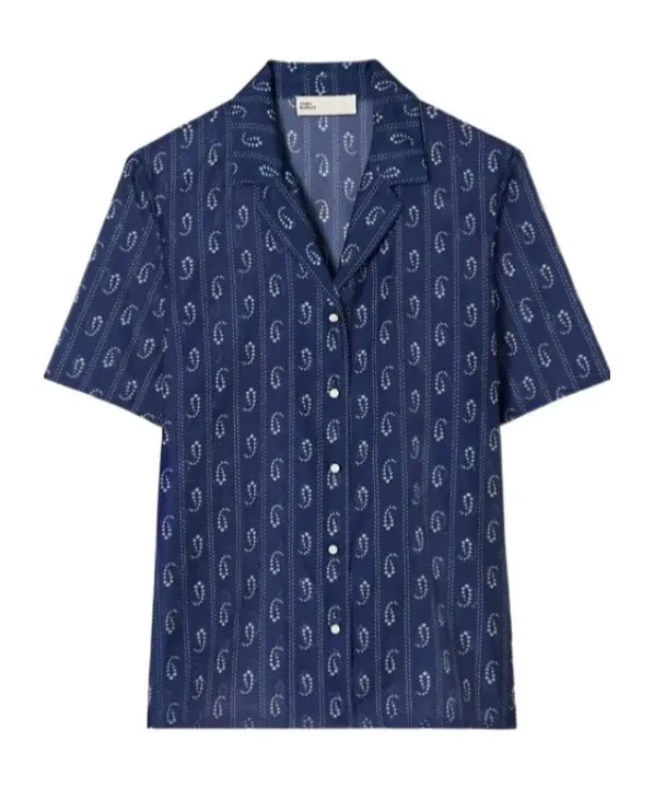 Tory Burch Camp Shirt With Contrast Silk Piping - Blue