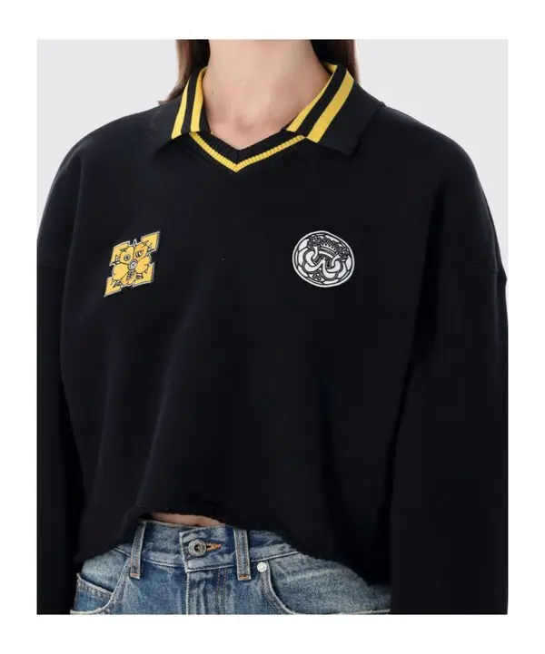 Off-White Cropped Polo Sweatshirt With Yellow Trim And Patches