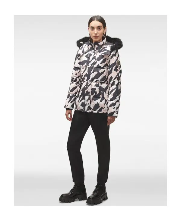 Moose Knuckles Camouflage Printed Down Jacket With Fur Trimmed Hood
