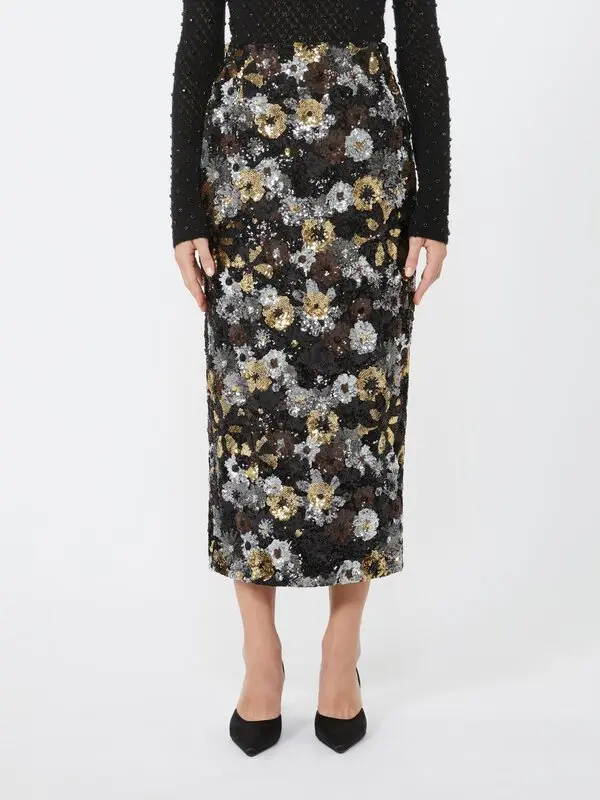 Max Mara Floral Sequin Embellished Midi Skirt