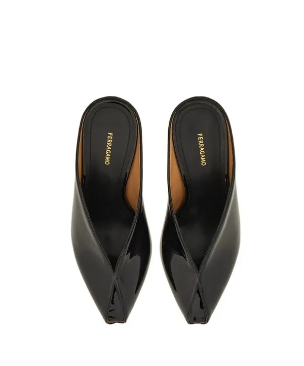 FERRAGAMO Alicia Patent Leather Wedge Mules - Black