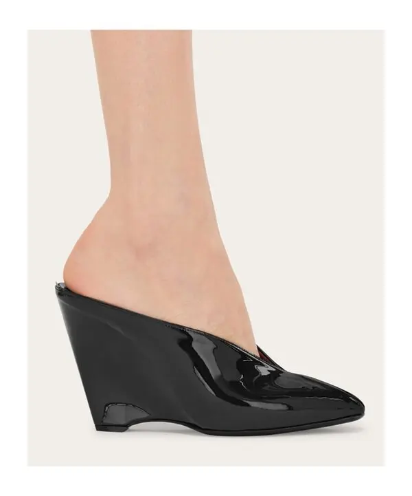 FERRAGAMO Alicia Patent Leather Wedge Mules - Black