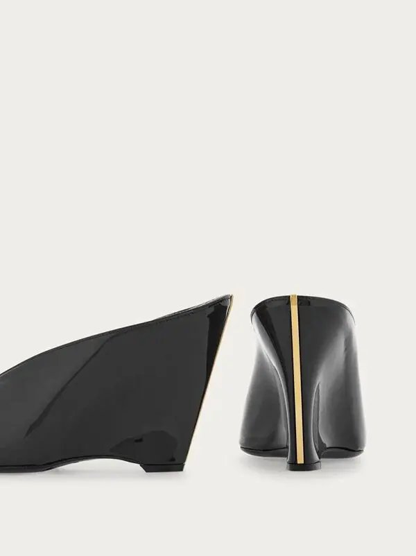 FERRAGAMO Alicia Patent Leather Wedge Mules - Black