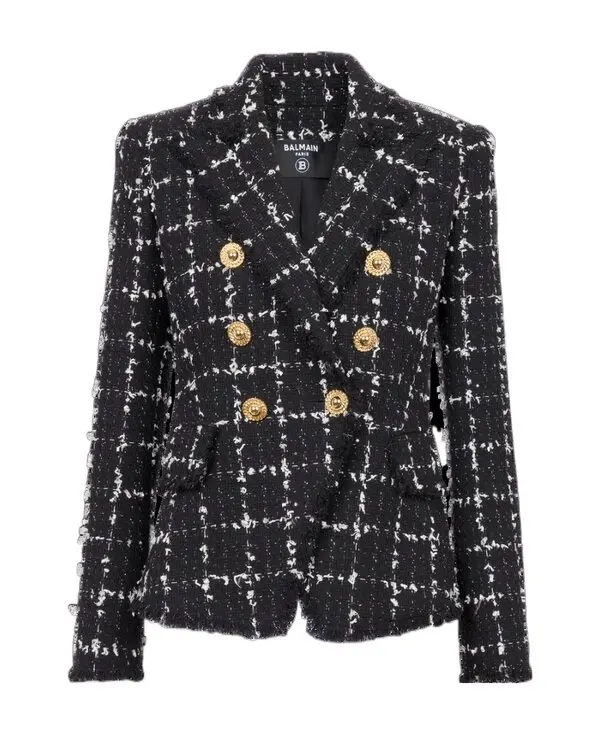 Balmain Check Tweed Double-breasted Jacket