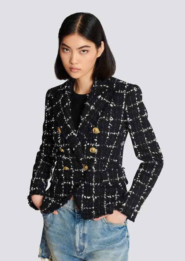 Balmain Check Tweed Double-breasted Jacket