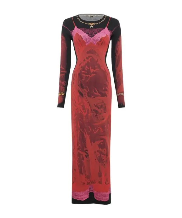 MARINE SERRE Wet Nuisette Printed Jersey Ls Long Dress - Red