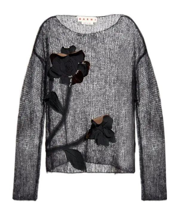 Marni Floral Embellished Round Neck Sweater - Black