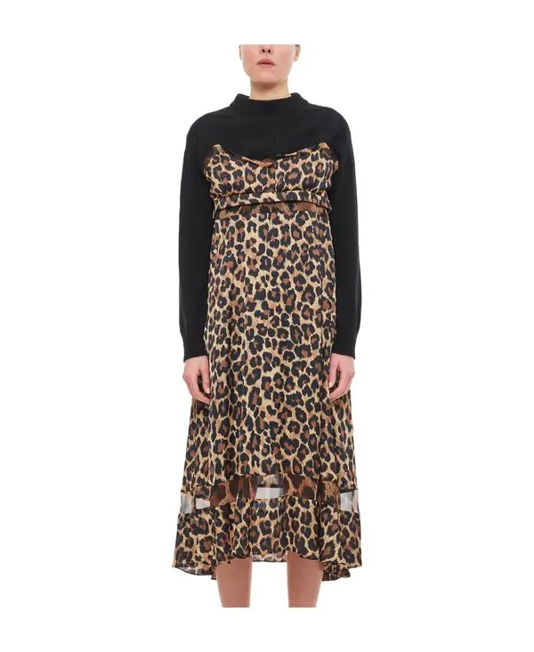 Sacai Leopard Printed Midi Dress With Logo Detail
