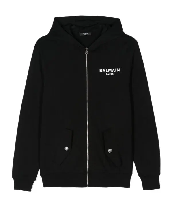 Balmain Logo Print Cotton Zip-up Hoodie - Black