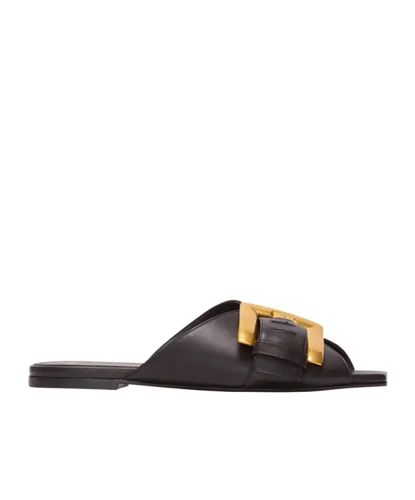 Balmain Anthem Flat Calfskin Leather Sandals With Gold-plated Buckle - Black