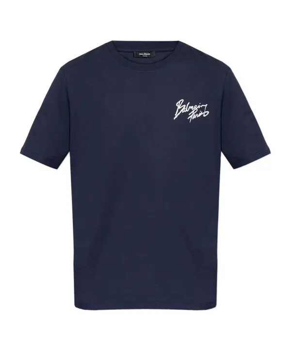 Balmain Logo Brush Printed Crewneck T-shirt - Black