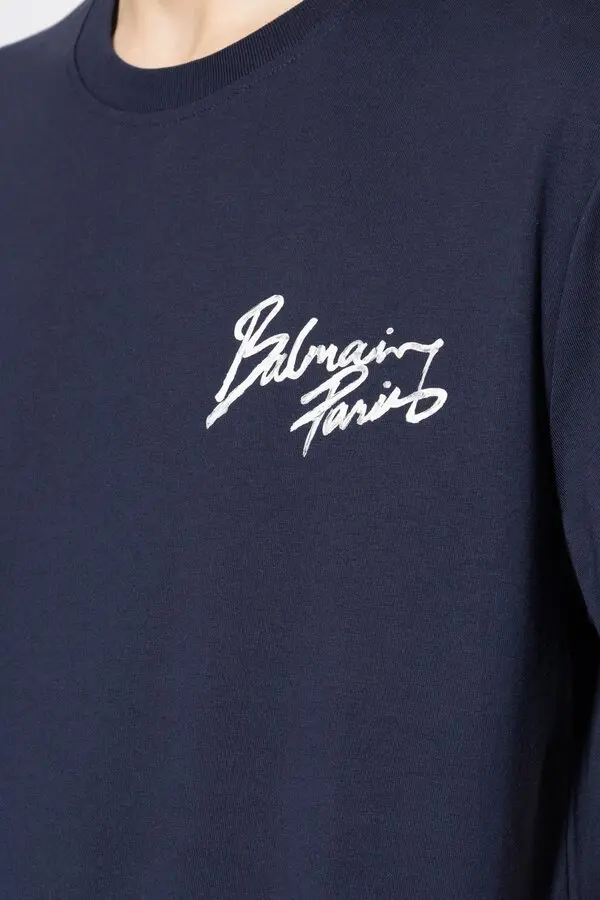 Balmain Logo Brush Printed Crewneck T-shirt - Black