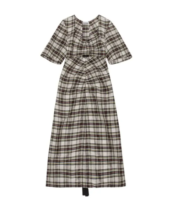 GANNI Ruched Plaid Cut Out Midi Dress