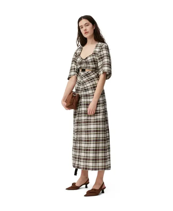 GANNI Ruched Plaid Cut Out Midi Dress