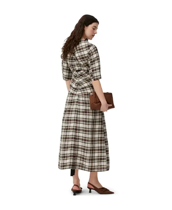 GANNI Ruched Plaid Cut Out Midi Dress