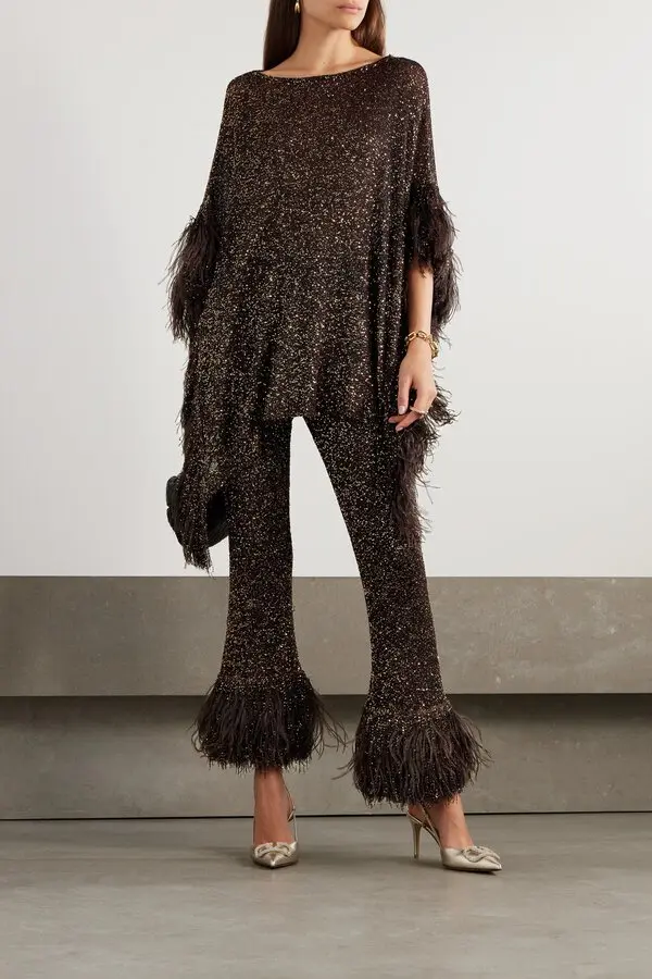 Valentino Garavani Feather Trimmed Sequined Flare Pants