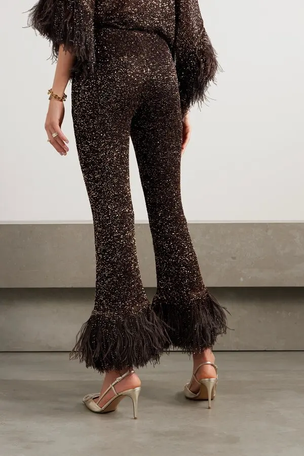 Valentino Garavani Feather Trimmed Sequined Flare Pants