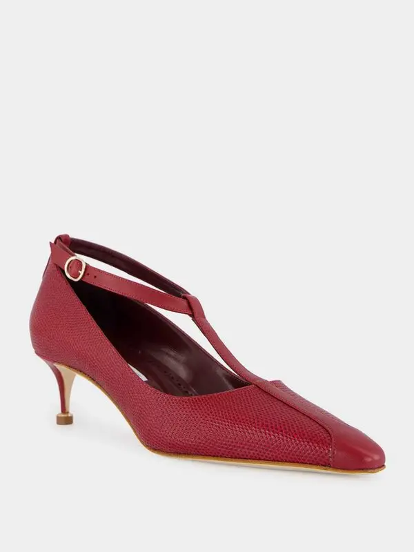 Manolo Blahnik Rosellon T-strap Leather Kitten Pumps - Deep Red