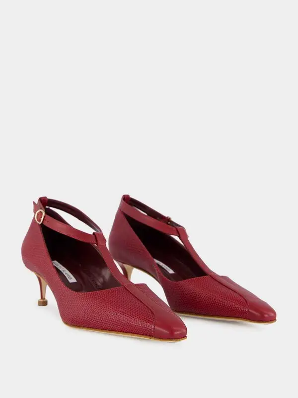Manolo Blahnik Rosellon T-strap Leather Kitten Pumps - Deep Red
