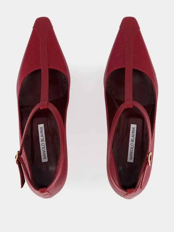 Manolo Blahnik Rosellon T-strap Leather Kitten Pumps - Deep Red