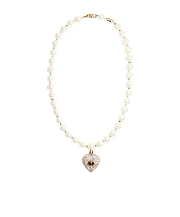 Valentino Garavani Coeur Royal Necklace In Metal, Enamel, Pearls And Swarovski Crystals - Gold/black/crystal/cream