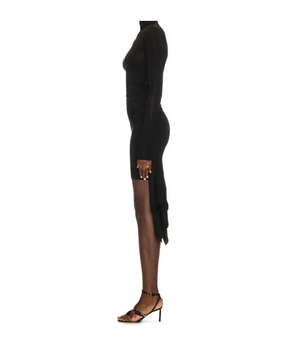 Off-White Draped Mini Dress With Button Strap Details - Black