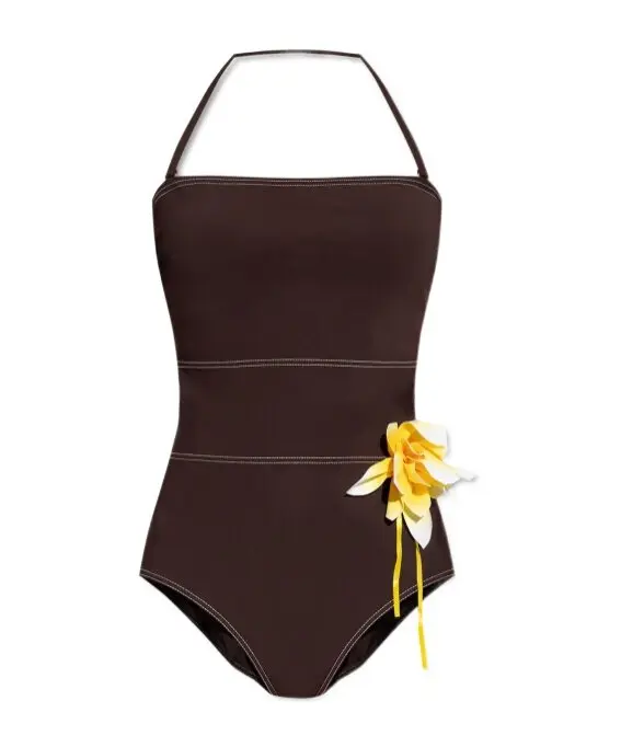 Tory Burch Halterneck Floral Appliqué One Piece Swimsuit - Brown
