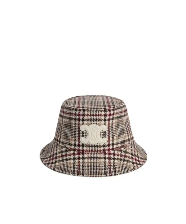Celine Triomphe Bucket Hat In Prince Of Wales Wool - Green/beige/burgundy